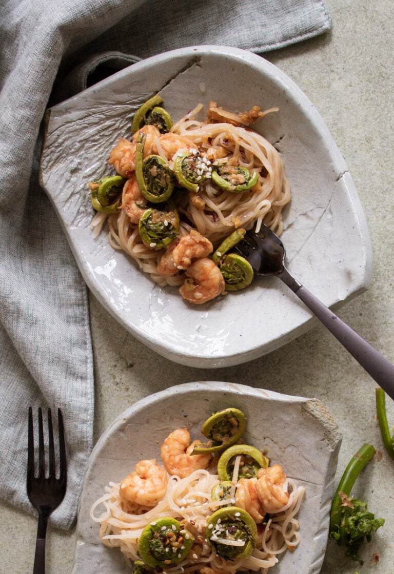 Shrimp with garlic and ginger and Fiddlehead Fern Recipe