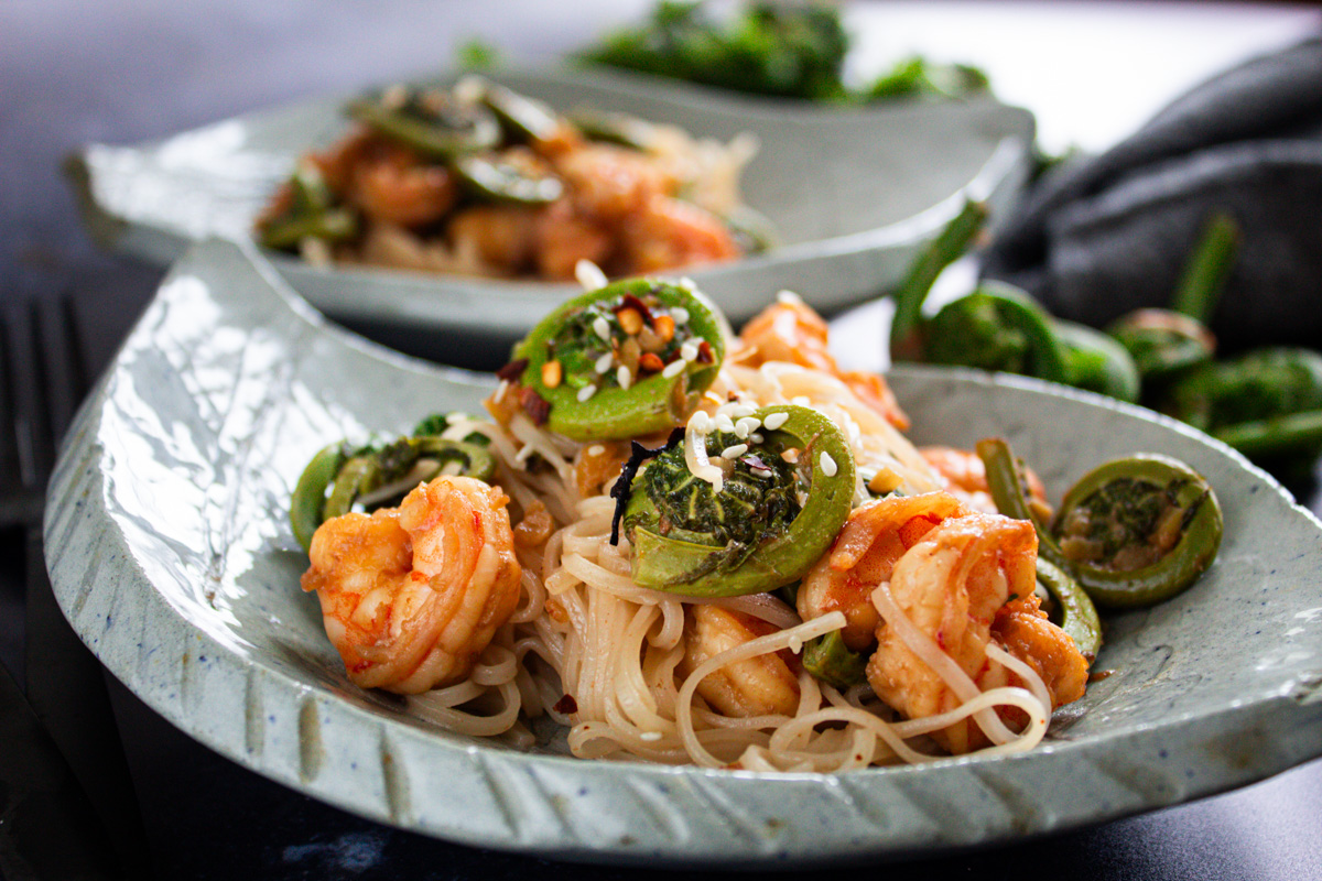 Shrimp with garlic and ginger and Fiddlehead Fern Recipe